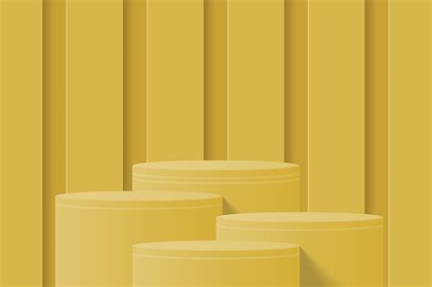 스튜디오 룸에 있는 추상적인 금색 3d 배경 수직 모양의 벽 구멍 배경이 있는 사실적인 3d 실린더 연단 받침대 모형 또는 제품 진열대를 위해 최소한의 벽 장면으로 렌더링