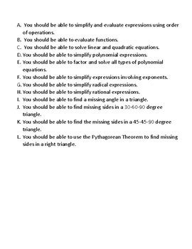 Summer Pre Calculus Assignment By MsShawsmathclass TPT