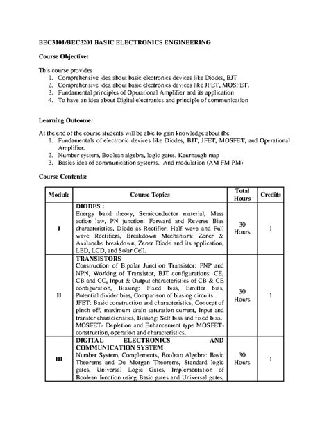 Basic Electronics Syllabus BEC3101 BEC3201 BASIC ELECTRONICS ENGINEERING Course Objective