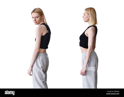 Woman Slouching And Straightening Showing Good And Bad Posture Stock