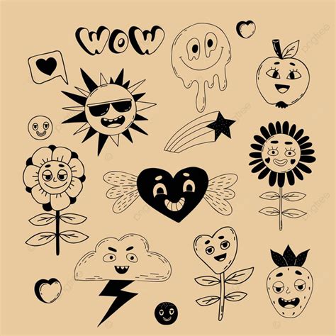 retro collection of groovy elements cool flowers comic png and