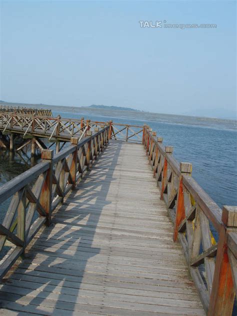 无人栏杆竖图室外白天正面旅游度假湖湖泊美景山山脉水地板太湖中国亚洲阴影曲折弯曲光线木板影子湖面