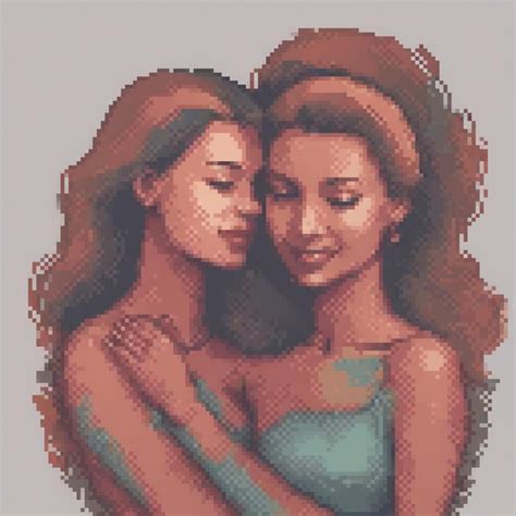 Pixel Art Depicting A Heartfelt Cross Stitch Hug Between Two Women