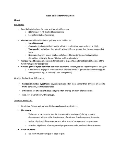 Lecture Notes N A Week 13 Gender Development Tues Key Terms Sex Biological Origins For