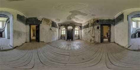 360 Hdri 파노라마 방 안의 버려진 빈 콘크리트 홀 또는 등방형 프로젝션 준비 Ar Vr 가상 현실 콘텐츠에서 매끄러운
