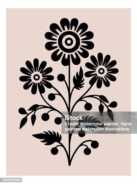 꽃과 나뭇잎이 있는 대칭 장식 스칸디나비아 민속 예술 포스터 꽃무늬 실루엣 구성 민족 식물 벡터 그림입니다 0명에 대한 스톡 벡터 아트 및 기타 이미지 Istock