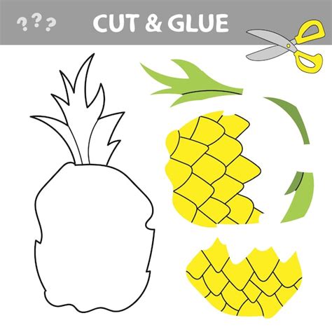 자르고 붙이기 아이들을 위한 간단한 게임입니다 가위와 풀을 사용하여 그림을 복원하십시오 파인애플이 있는 아이들을 위한 교육용 종이 게임 프리미엄 벡터