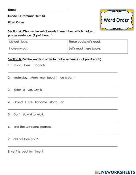 Word Order Quiz 3 Online Pdf Worksheet Worksheets Library