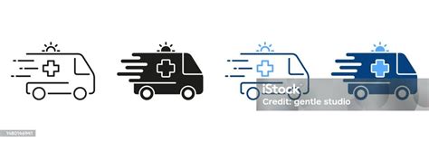 구급차 라인과 실루엣 아이콘 세트 긴급 의료 지원 환자를 위한 긴급 자동차 검정색과 컬러 픽토그램 응급 처치를 위한 구급대원의 운송 기호 컬렉션 고립된 벡터 그림 구급차에