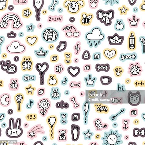 스케치 요소와 귀여운 손 은 매끄러운 패턴을 Darwn 어린 아이들을위한 배경 어린이 그림 낙서 배경 생일에 대한 스톡 벡터