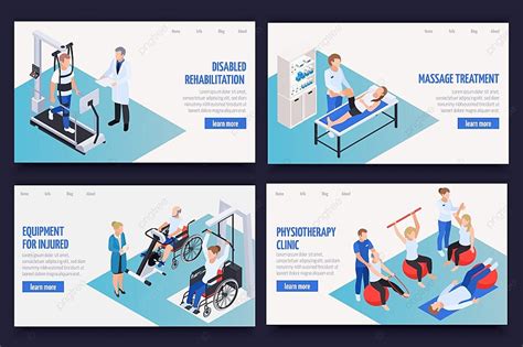 물리 치료 재활 클리닉 개념 마사지 치료 장애인 운동 장비 웹 페이지 벡터 일러스트 배너와 4 아이소 메트릭 구성 템플릿 Psd 다운로드 디자인 자료 다운로드