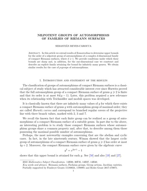 Pdf Nilpotent Groups Of Automorphisms Of Families Of Riemann Surfaces