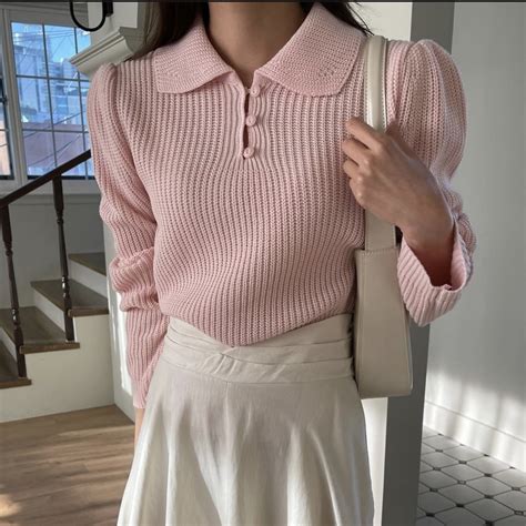 2컬러 와플 퍼프 카라 니트 봄 가을 데일리 에이블리