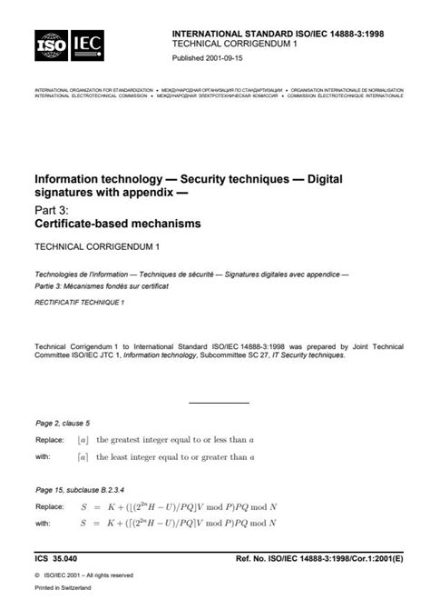 ISO IEC 14888 3 1998 Cor 1 2001 Information Technology Security Techniques Digital Signatures