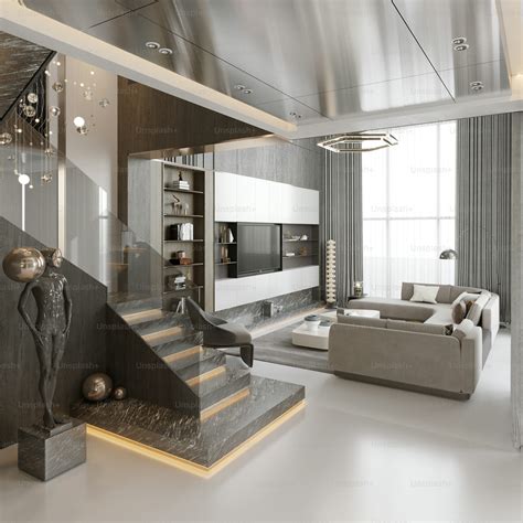 럭셔리 빌라 하우스 외관보기의 3d 렌더링 사진 Unsplash의 건축 설계 이미지