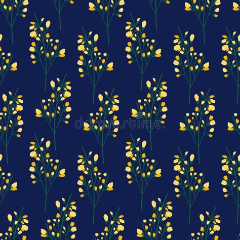 Seamless Pattern Of Branches With Many Small Flowers Floral Twigs On A Dark Blue Background