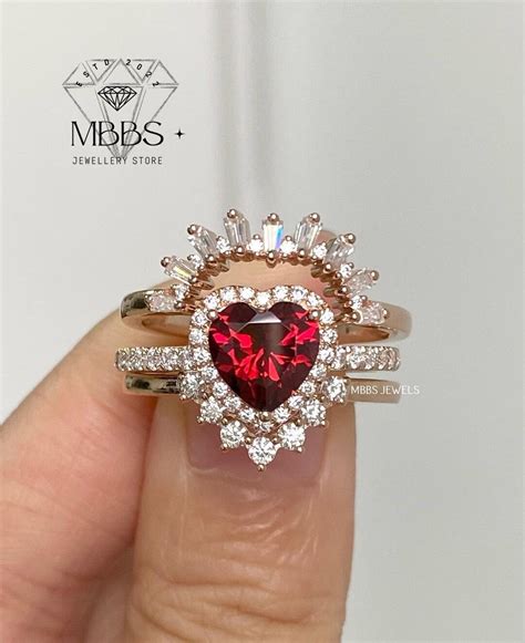 Red Garnet Heart Ring Set 18k Gold Vintage Style Bridal Ring Etsy