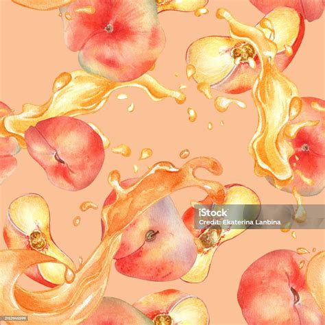 수채화 빈숭아 평평한 복숭아 공중 부양 분홍색에 고립 된 튀는 주스의 원활한 패턴 방울이 그려진 과일 무화과 복숭아 손으로