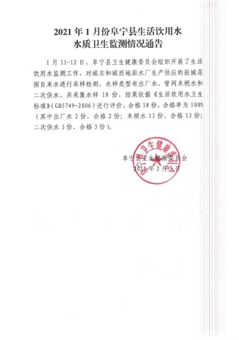 阜宁县人民政府 通知公告 2021年1月份阜宁县生活饮用水水质卫生监测情况通告