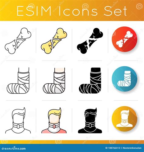 Limb And Body Injuries Icons Set Broken Foot Bone Fracture Broken Neck Cervical Collar Stock