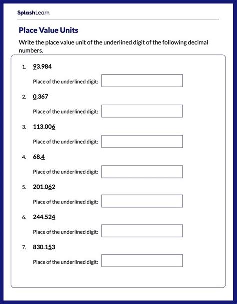 Decimal Place Value Worksheets Free Printable Splashlearn