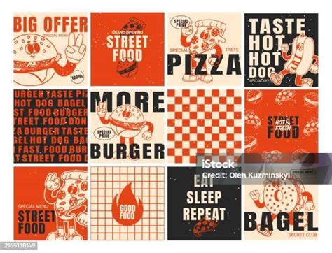 만화 패스트 푸드 포스터 그루비 70 년대 음식 캐릭터 펑키 햄버거 핫도그 카페 메뉴 및 레스토랑용 피자가 있는 복고풍 스티커와 카드 벡터 슬로건 따옴표 세트 길거리 음식