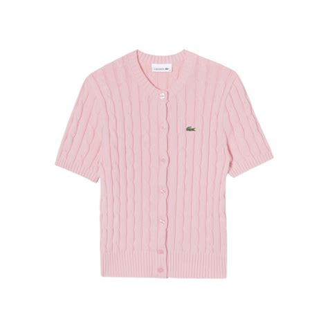 W 라코스테 케이블 반팔 가디건 오프 화이트 Lacoste Kream