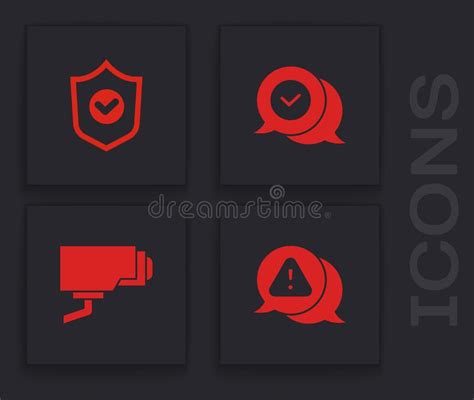 Set Exclamation Mark In Triangle Shield With Check Check Speech Bubble And Security Camera