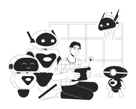 Premium Vector Robotics Bw Concept Vector Spot Illustration Excited Asian Man Creates And
