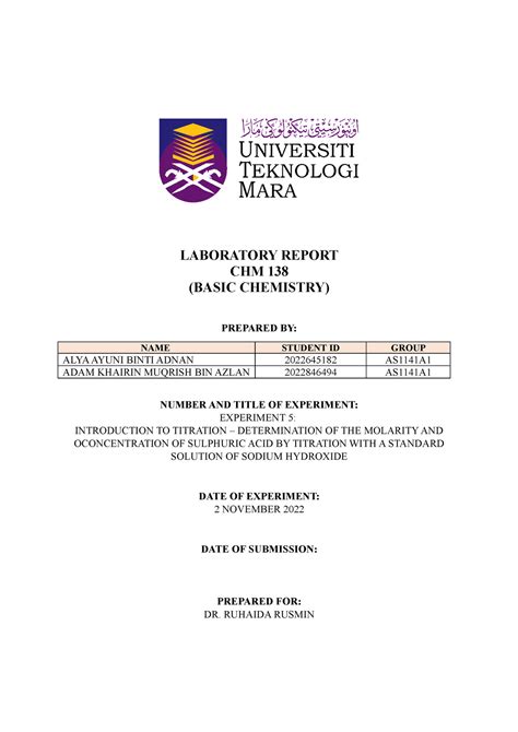 Chm Lab Report Experiment 5 Laboratory Report Chm 138 Basic
