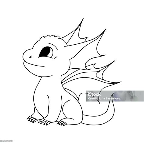 작고 귀여운 만화 용 벡터 그림입니다 색칠하기 책을 위한 흑백 삽화 경외감에 대한 스톡 벡터 아트 및 기타 이미지 경외감