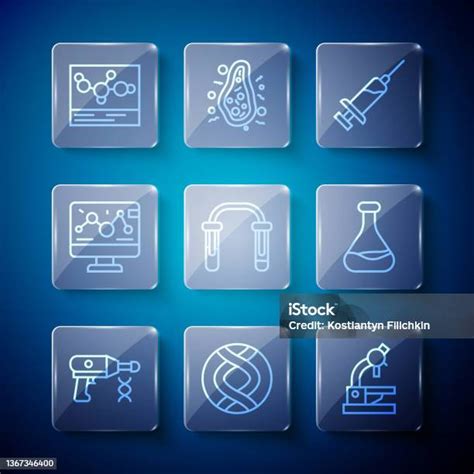 ตั้งค่าสายถ่ายโอนปืนเหลว สัญลักษณ์ดีเอ็นเอ กล้องจุลทรรศน์ เข็มฉีดยา หลอดทดลองและขวด ดัด