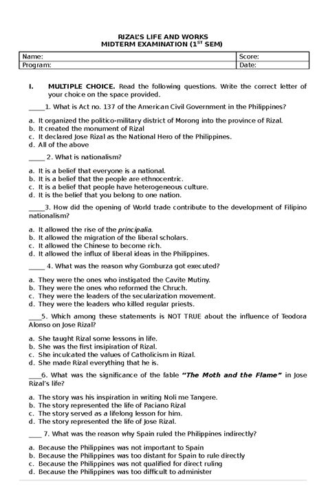 Midterm Exam Rizal RIZALS LIFE AND WORKS MIDTERM EXAMINATION 1ST