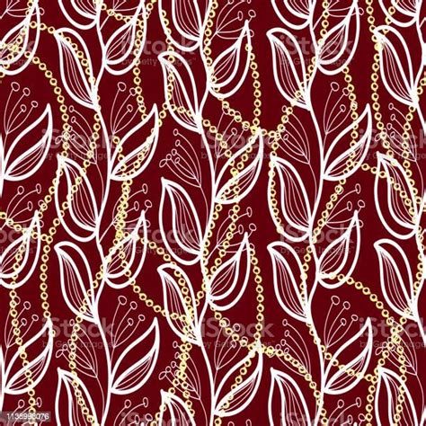 나뭇잎과 흰 꽃이 짙은 붉은 색으로 그려진 황금 사슬을 가진 나뭇가지 0명에 대한 스톡 벡터 아트 및 기타 이미지 0명 기하 도형 꽃 식물 Istock