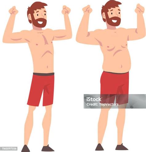 뚱뚱한 슬림 남자 체중 감량 전후에 수염을 기르는 남자 건강한 영양 또는 스포츠 벡터 일러스트레이션을 통해 변화하는 남성의 몸