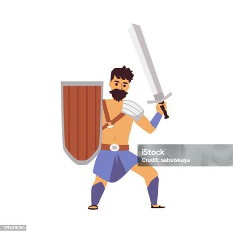 골동품 로마 또는 그리스 군인 또는 검투사 플랫 벡터 일러스트 고립 검에 대한 스톡 벡터 아트 및 기타 이미지 검 검투사
