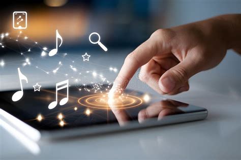 Hand Reaches Tablet Screen Floating Icons Highlight Modern Digital