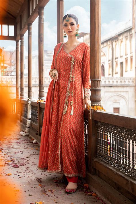Latest Pakistani Angrakha Style Frock In Ochre Yellow 2022