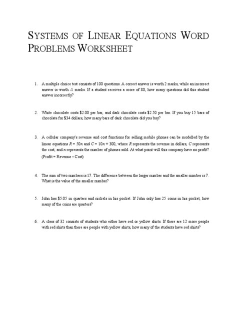 Word Problems Systems Of Linear Equations Worksheet