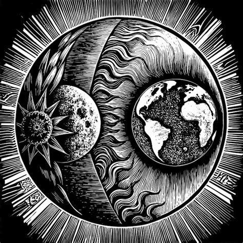 Earth The Sun And The Moon Vector Illustration Engraving Premium Ai
