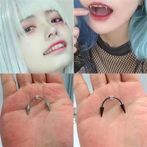 드라큘라 네일 격막 피어싱 타이거 치아 네일 스테인레스 스틸 C 로드 스마일 립 피어싱 조미비 뱀파이어 치아 장식 펑크 1