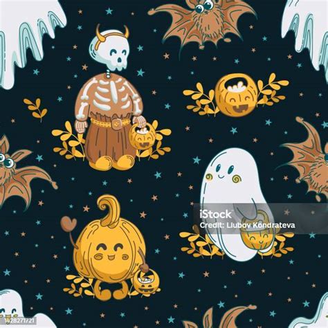 원활한 패턴 사랑스러운 할로윈 캐릭터 귀여운 유령 해골 호박 및 박쥐가 캐롤링하고 있습니다 과자 안 주면 장난칠 거예요 잭 오 랜턴 빈티지 레터링 벽지 직물 포장용 10월에