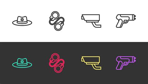 흑백에 배지 수갑 보안 카메라 및 경찰 전기 충격기가 있는 라인 보안관 모자를 설정합니다 벡터 감시에 대한 스톡 벡터 아트 및 기타 이미지 Istock