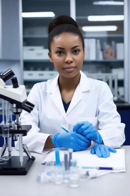 Premium Ai Image Portrait Of A Confident Young Woman Working At Her Desk In A Research Lab