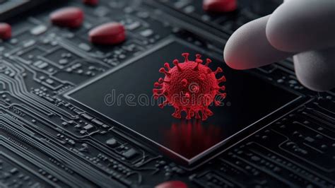 Hand Touching A Digital Virus On A Circuit Board Futuristic And Abstract Concept Stock