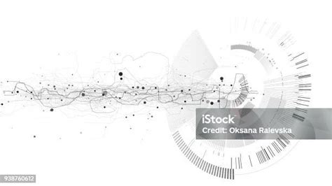 추상적인 기술 디자인 배경입니다 공학 기술 벽지 선 점 원형으로 만든 흰색 바탕에 미래 기술 인터페이스입니다 디지털 기술 개념 벡터 일러스트 레이 션입니다 가상현실에 대한