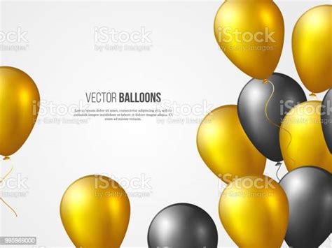 황금과 검은 색에 비행 3d 광택 풍선 파티 초대 디자인 휴일 배경 복사 공간 장식 요소 벡터 일러스트 레이 션 풍선에 대한 스톡 벡터 아트 및 기타 이미지 Istock