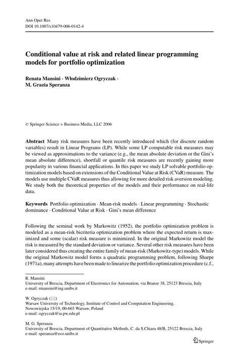 Pdf Conditional Value At Risk And Related Linear Programming Models