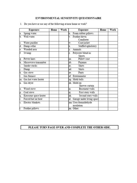 Environmental Sensitivity Questionnaire Pdf Materials Home