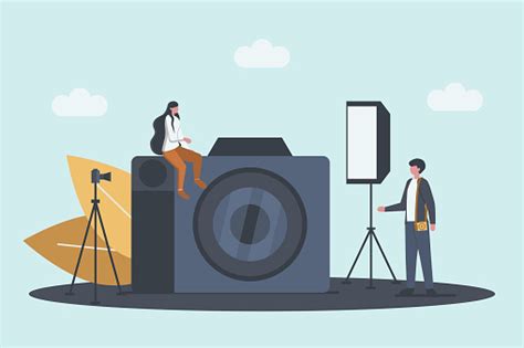 큰 카메라와 사진 작가 개념 전문 포토그래퍼가 모델의 사진을 찍고 있습니다 예술 직업 및 사진 코스 플랫 스타일 벡터 일러스트레이션 가정용 캠코더에 대한 스톡 벡터 아트 및